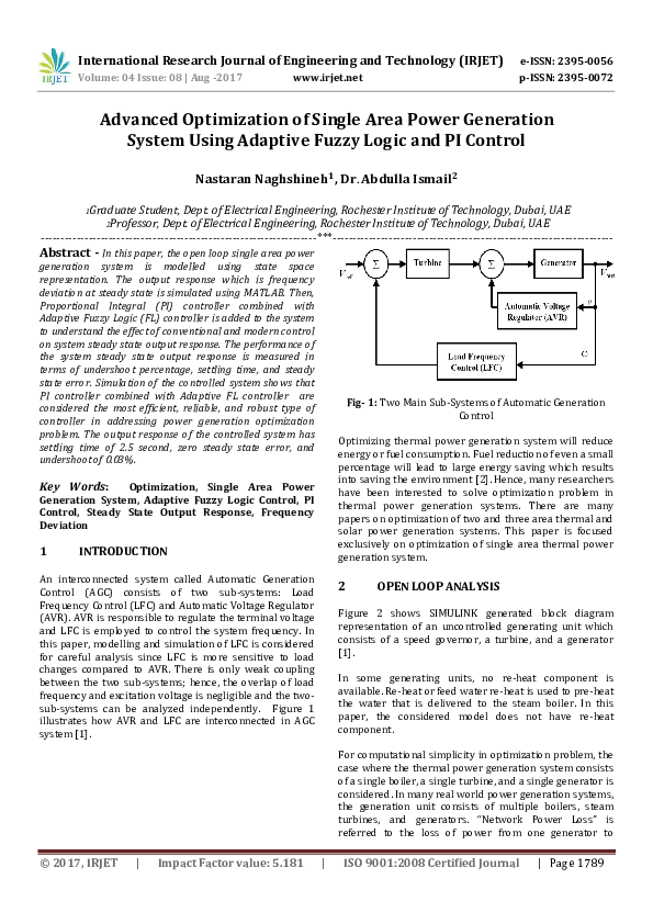 Pdf Advanced Optimization Of Single Area Power Generation System