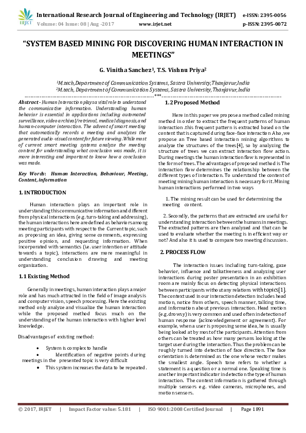 (PDF) " SYSTEM BASED MINING FOR DISCOVERING HUMAN INTERACTION IN MEETINGS