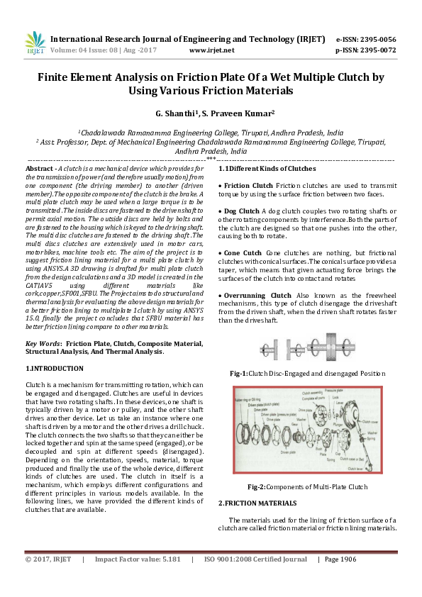 Pdf Finite Element Analysis On Friction Plate Of A Wet Multiple