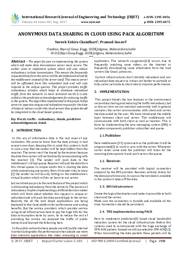 Pdf Anonymous Data Sharing In Cloud Using Pack Algorithm