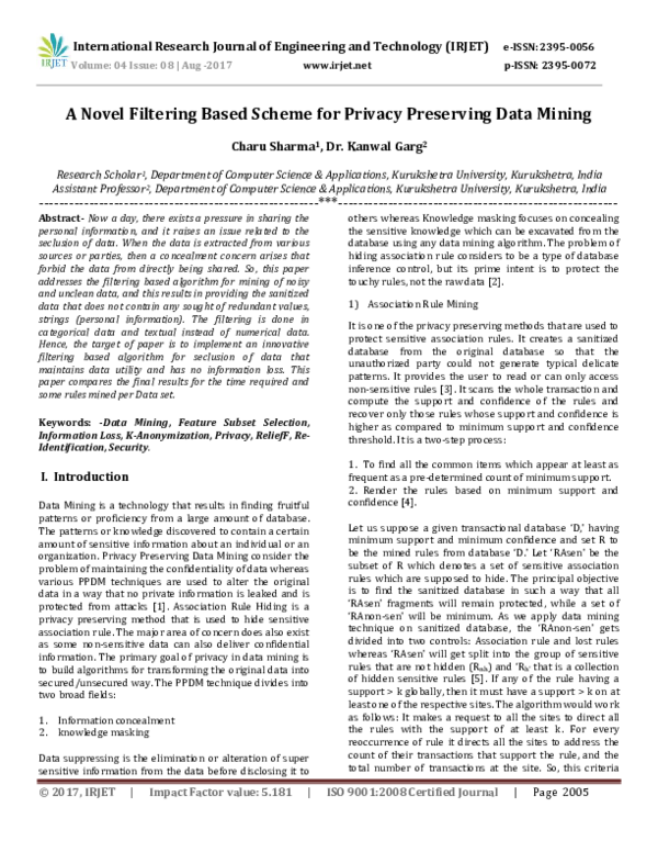 Pdf A Novel Filtering Based Scheme For Privacy Preserving Data Mining