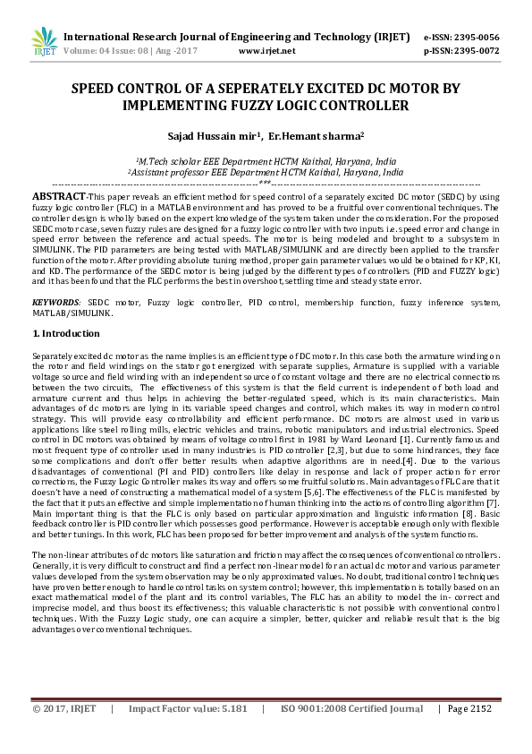 Pdf Speed Control Of A Seperately Excited Dc Motor By Implementing Fuzzy Logic Controller