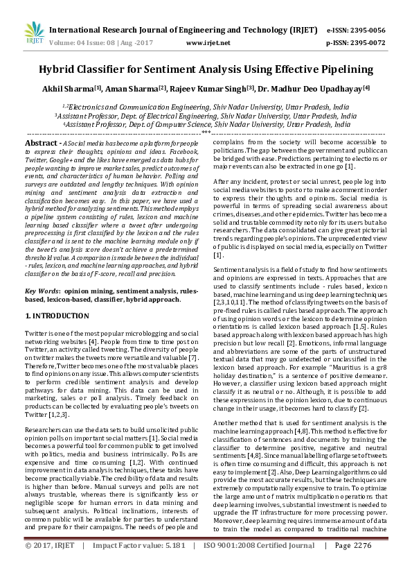 Pdf Hybrid Classifier For Sentiment Analysis Using Effective Pipelining