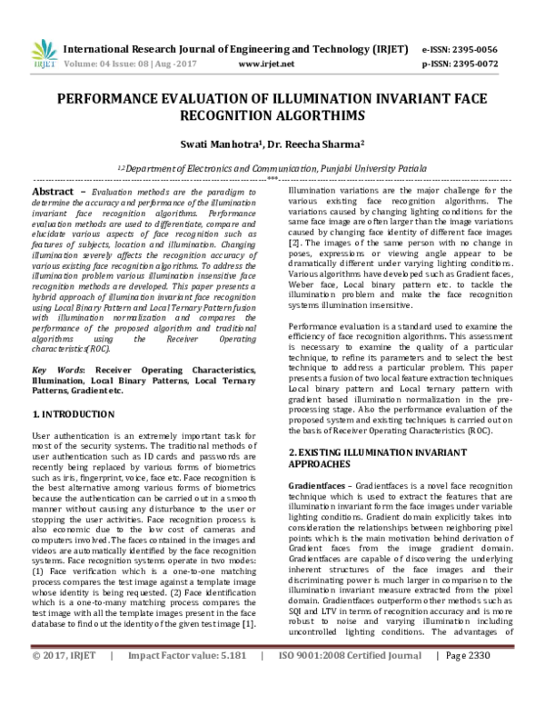 Pdf Performance Evaluation Of Illumination Invariant Face Recognition