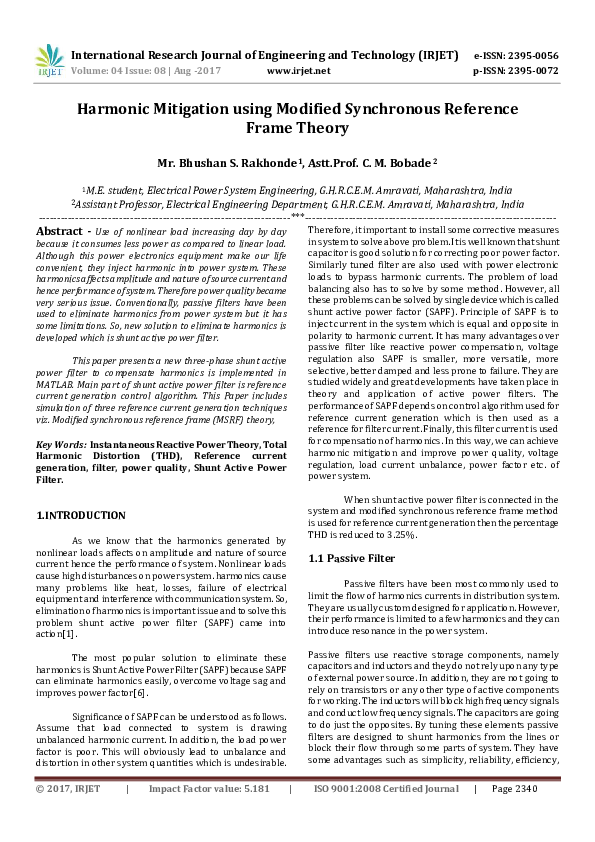 (PDF) Harmonic Mitigation using Modified Synchronous Reference Frame Theory
