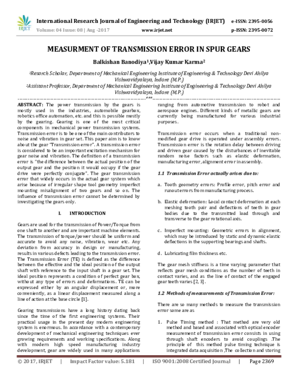 (PDF) MEASURMENT OF TRANSMISSION ERROR IN SPUR GEARS