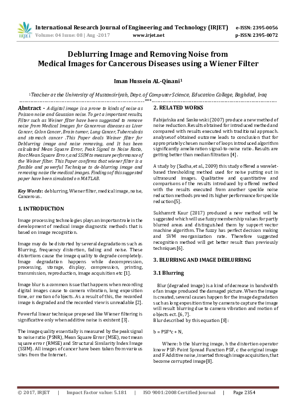 (PDF) Deblurring Image and Removing Noise from Medical Images for Cancerous Diseases using a ...