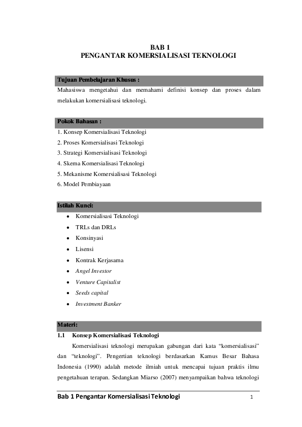 (PDF) Bab 1 Pengantar Komersialisasi Teknologi BAB 1 PENGANTAR KOMERSIALISASI TEKNOLOGI