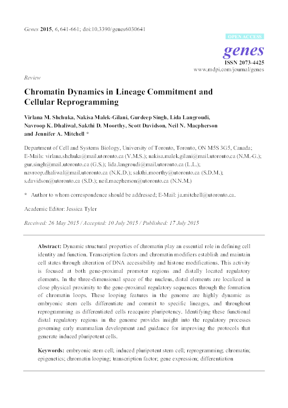 (PDF) Chromatin Dynamics in Lineage Commitment and Cellular Reprogramming