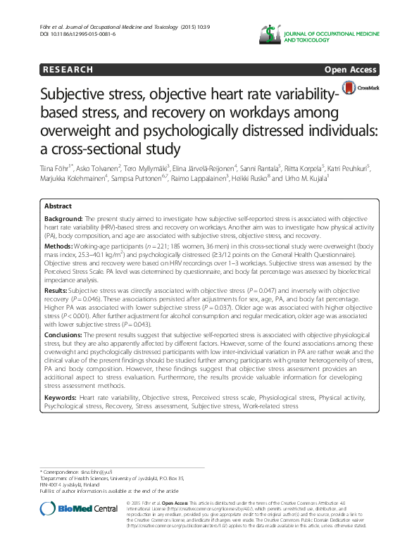 (PDF) Subjective stress, objective heart rate variability-based stress ...