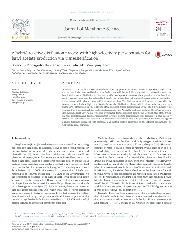 Pdf A Hybrid Reactive Distillation Process With High Selectivity Pervaporation For Butyl