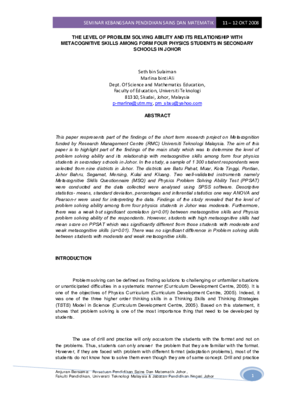 (PDF) The Level of Problem Solving Ability and Its Relationship with Metacognitive Skills Among ...