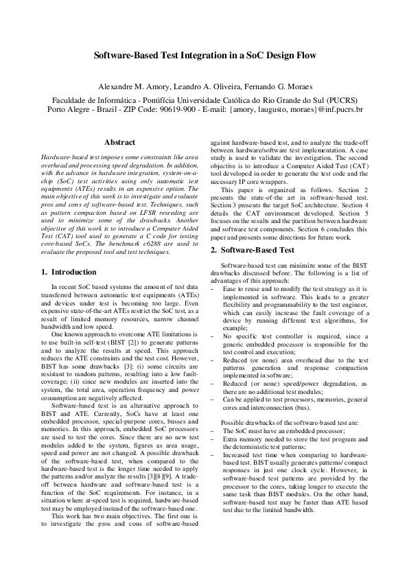 Pdf Software Based Test Integration In A Soc Design Flow