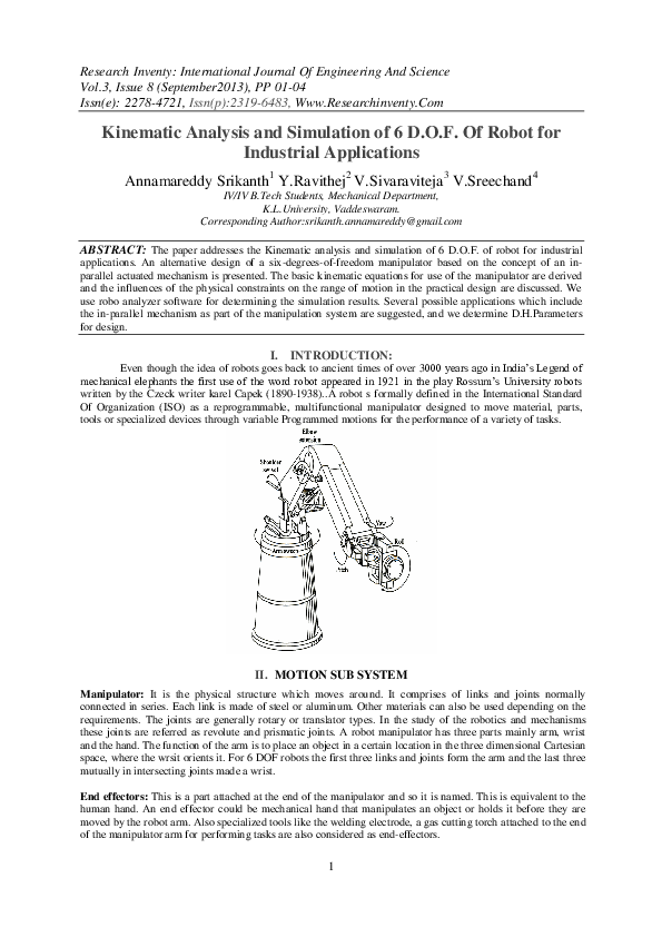 Pdf Kinematic Analysis And Simulation Of 6 Dof Of Robot For