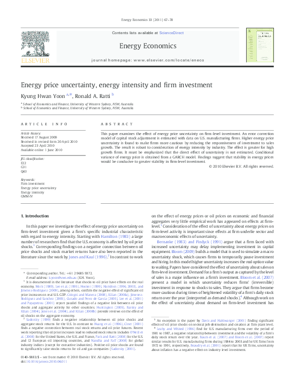 (PDF) Energy price uncertainty, energy intensity and firm investment