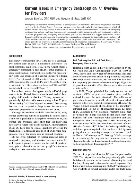 (PDF) Current Issues in Emergency Contraception: An Overview for Providers