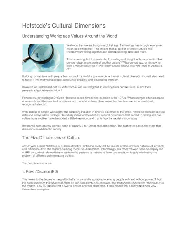 (PDF) Hofstede's Cultural Dimensions Understanding Workplace Values ...