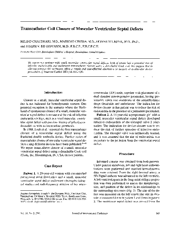 (PDF) Transcatheter Coil Closure of Muscular Ventricular Septal Defects