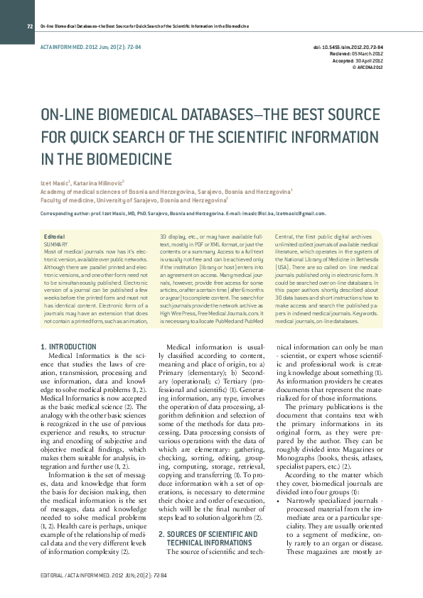 Pdf On Line Biomedical Databasesthe Best Source For Quick Search Of The Scientific