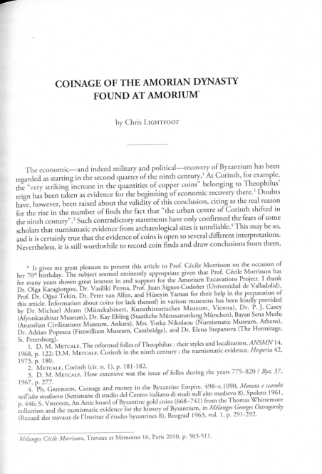 (PDF) Coinage of the Amorian Dynasty Found at Amorium