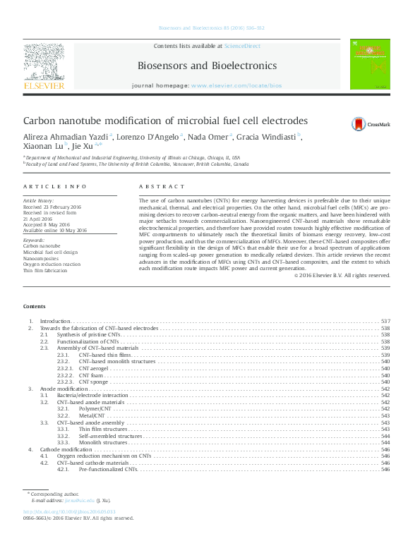 (PDF) Carbon nanotube modification of microbial fuel cell electrodes