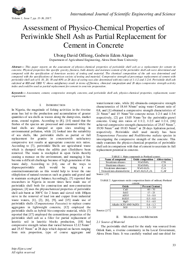 (PDF) Assessment of Physico-Chemical Properties of Periwinkle Shell Ash ...