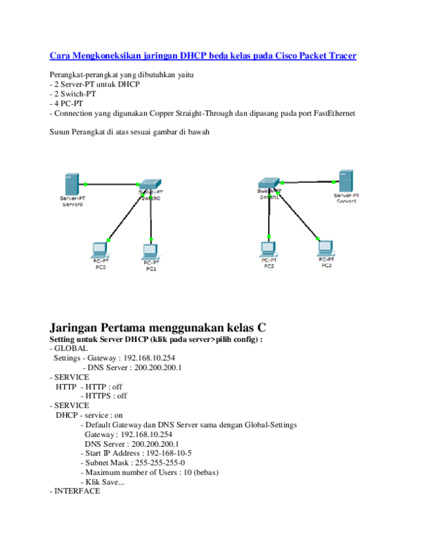 (DOC) Cara Mengkoneksikan jaringan DHCP beda kelas pada Cisco Packet Tracer