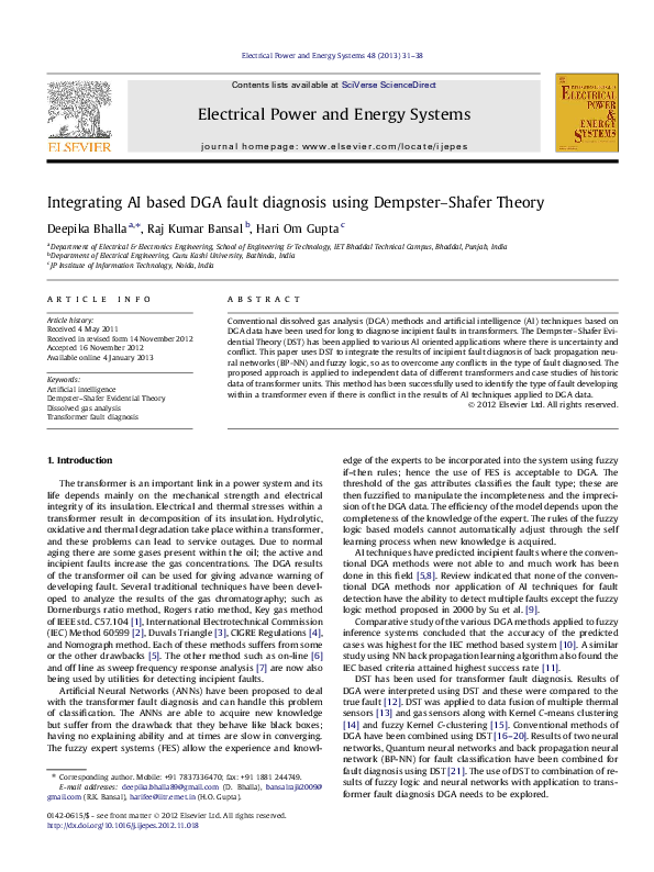 Pdf Integrating Ai Based Dga Fault Diagnosis Using Dempstershafer Theory