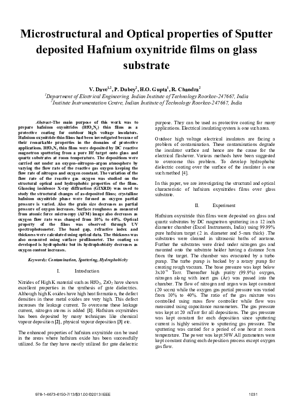 (PDF) Microstructural and optical properties of Sputter deposited Hafnium oxynitride films on ...