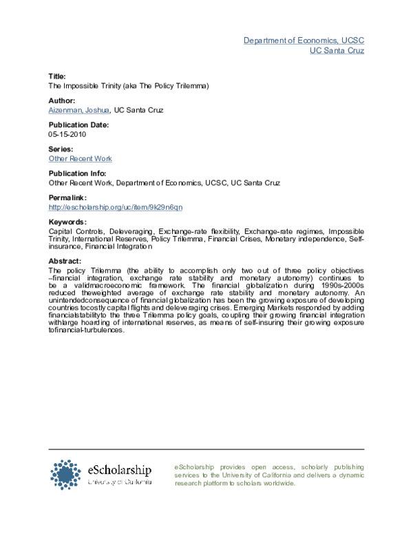(PDF) Title: The Impossible Trinity (aka The Policy Trilemma