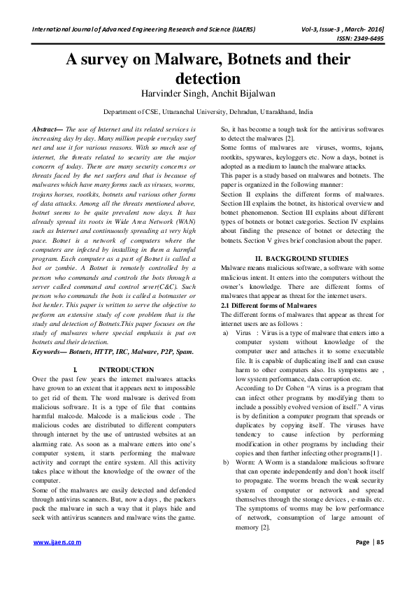 (PDF) A survey on Malware, Botnets and their detection