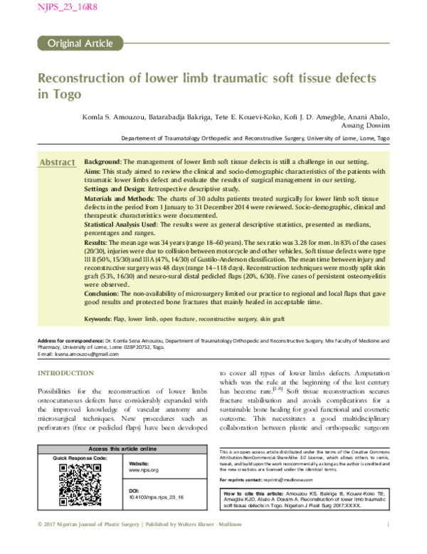 (PDF) Reconstruction of lower limb traumatic soft tissue defects in Togo