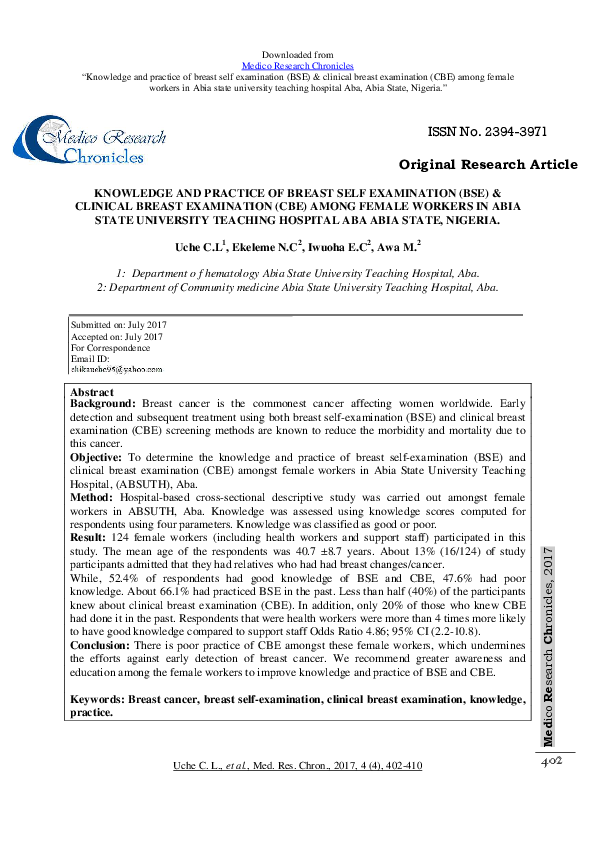 (PDF) 333 KNOWLEDGE AND PRACTICE OF BREAST SELF EXAMINATION (BSE) .pdf