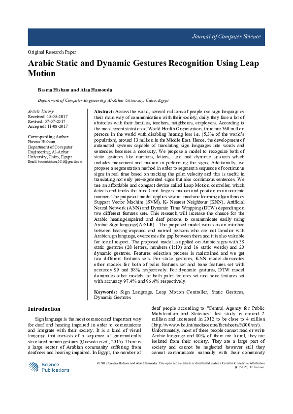 (PDF) Arabic Static and Dynamic Gestures Recognition Using Leap Motion