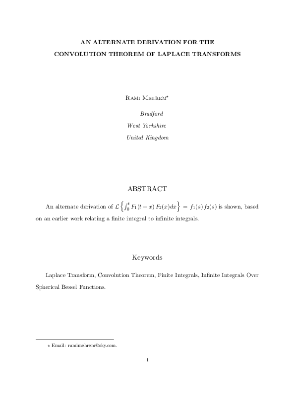 (PDF) AN ALTERNATE DERIVATION FOR THE CONVOLUTION THEOREM OF LAPLACE TRANSFORMS