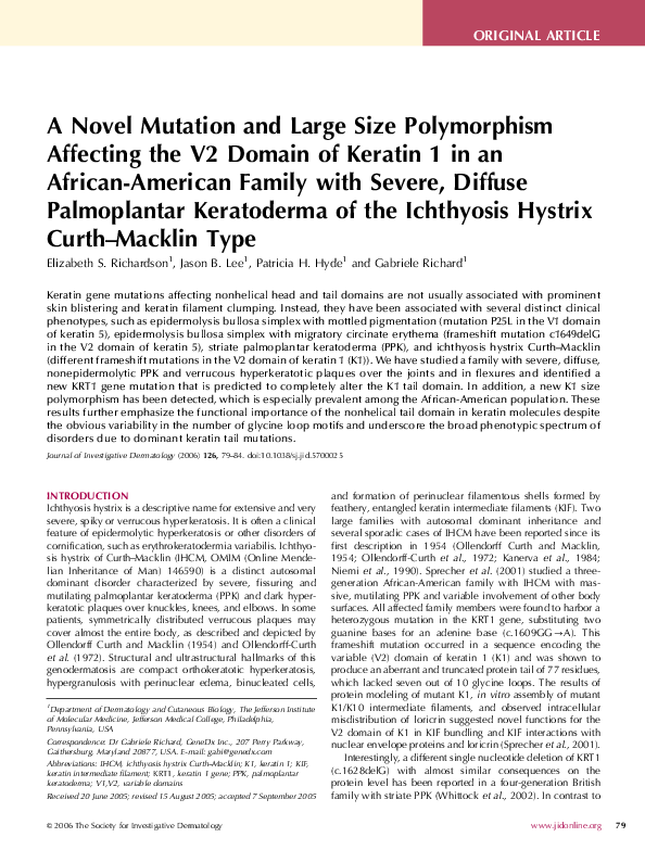 Pdf S159p Mutation Of Keratin 10 Gene Causes Severe Form Of Epidermolytic Hyperkeratosis