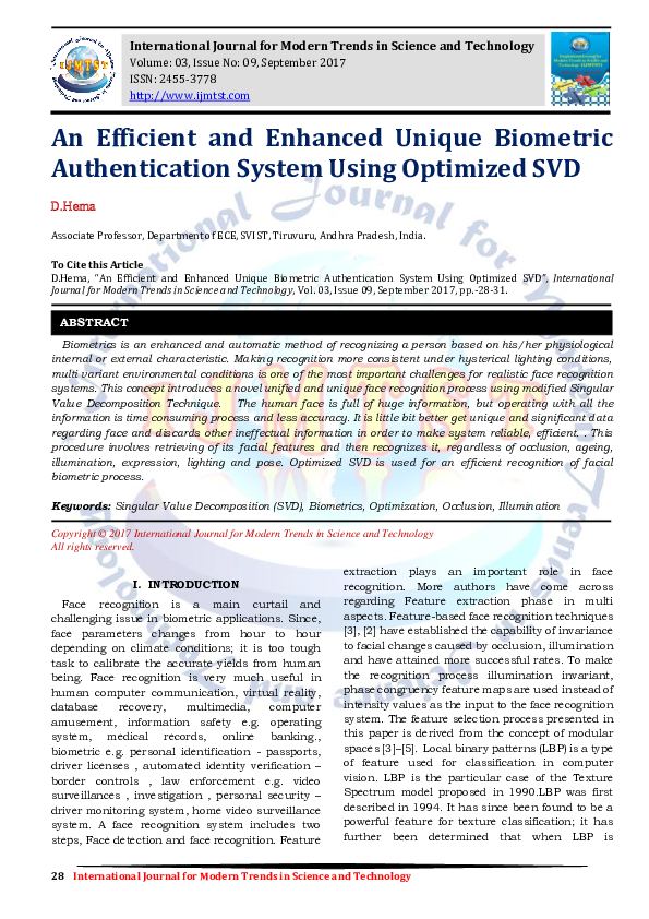 Pdf An Efficient And Enhanced Unique Biometric Authentication System Using Optimized Svd