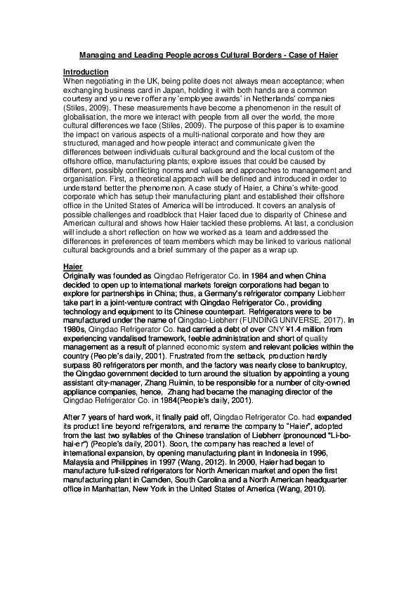 (DOC) Managing and Leading People across Cultural Borders -Case of Haier (DOC) Managing and Leading People across Cultural Borders -Case of Haier