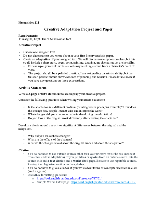 (PDF) Humanities Final Project: Creative Adaptation
