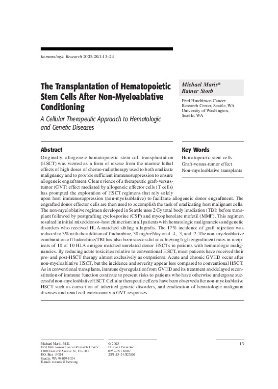 (PDF) The Transplantation of Hematopoietic Stem Cells After Non ...