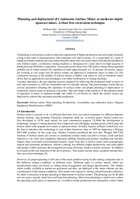 Doc Planning And Deployment Of Continuous Surface Miner At Moderate Depth Opencast Mines A