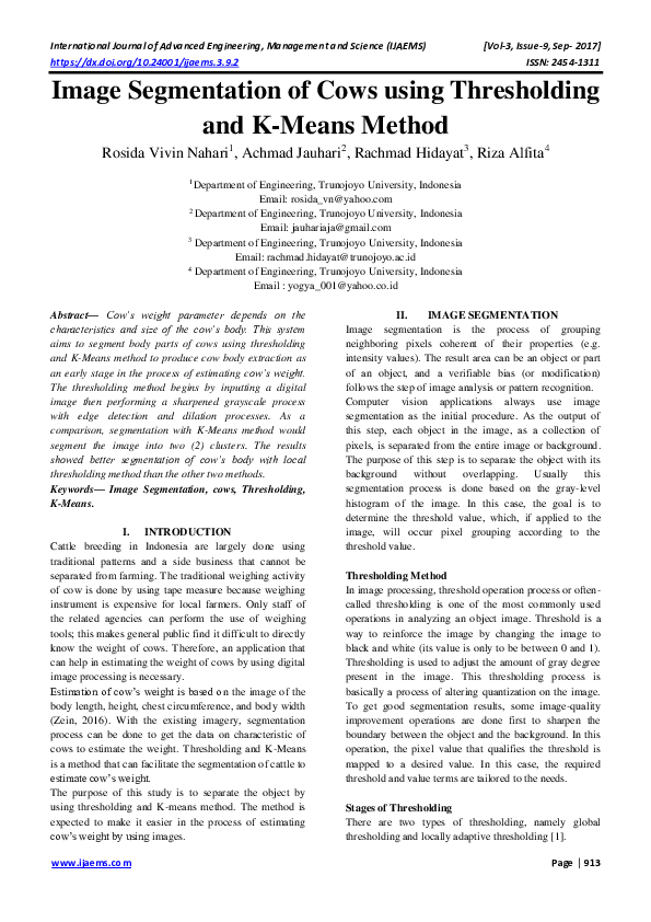 (PDF) Image Segmentation of Cows using Thresholding and K-Means Method