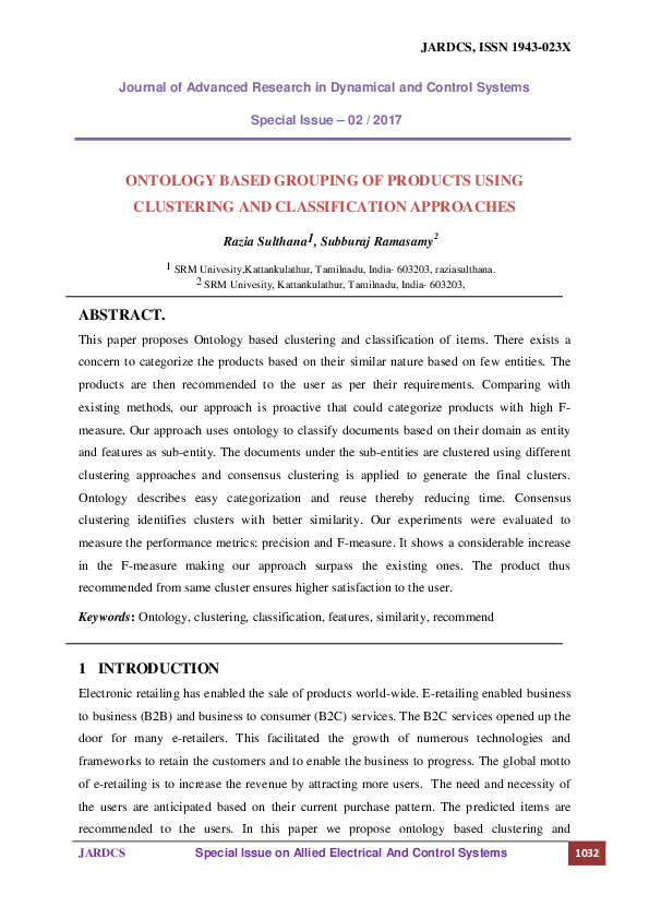 (PDF) ONTOLOGY BASED GROUPING OF PRODUCTS USING CLUSTERING AND CLASSIFICATION APPROACHES