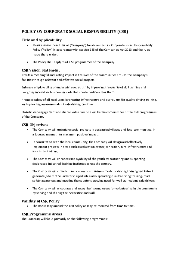 (PDF) POLICY ON CORPORATE SOCIAL RESPONSIBILITY (CSR) Title and ...