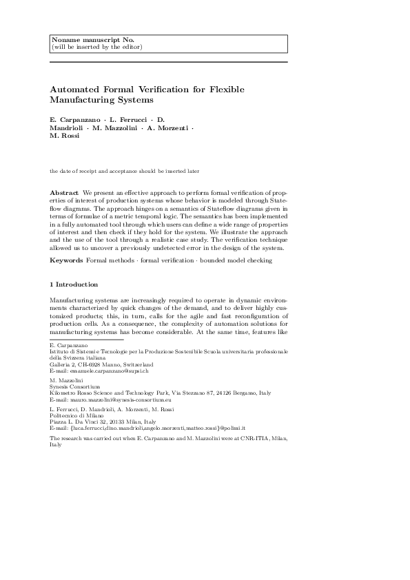 Pdf Automated Formal Verification For Flexible Manufacturing Systems