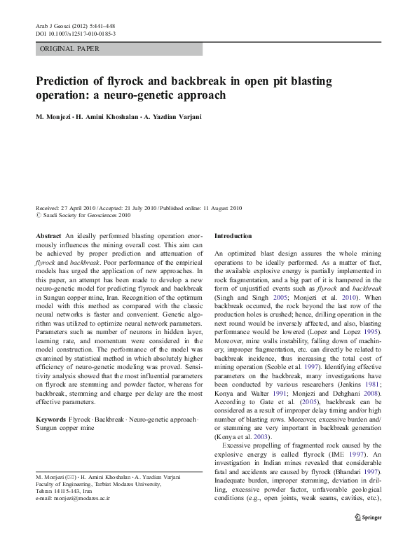 (PDF) Prediction of flyrock and backbreak in open pit blasting operation: a neuro-genetic approach