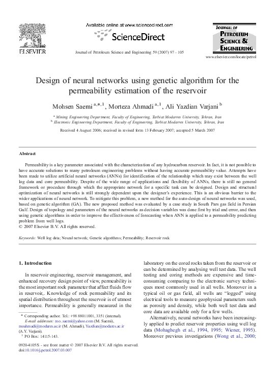 (PDF) Design of neural networks using genetic algorithm for the permeability estimation of the ...