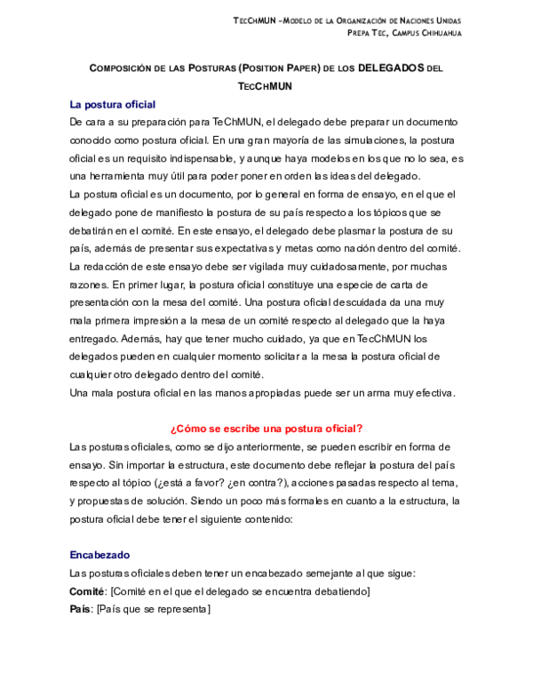 (DOC) Composición de las Posturas (Position Paper) de los DELEGADOS del