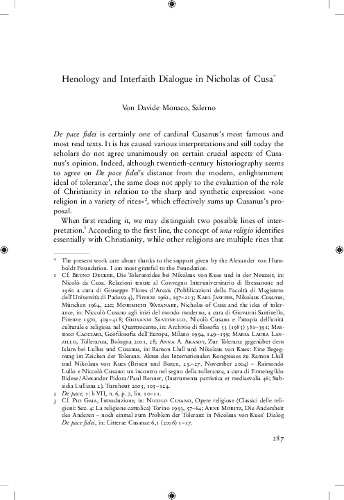 (PDF) Henology and Interfaith Dialogue in Nicholas of Cusa