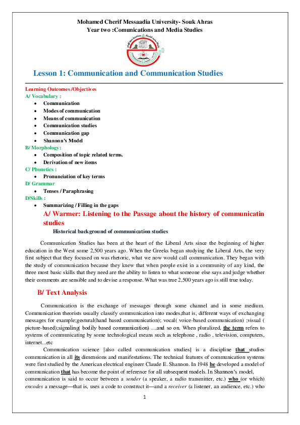 (DOC) Lesson 1: Communication and Communication Studies Learning ...